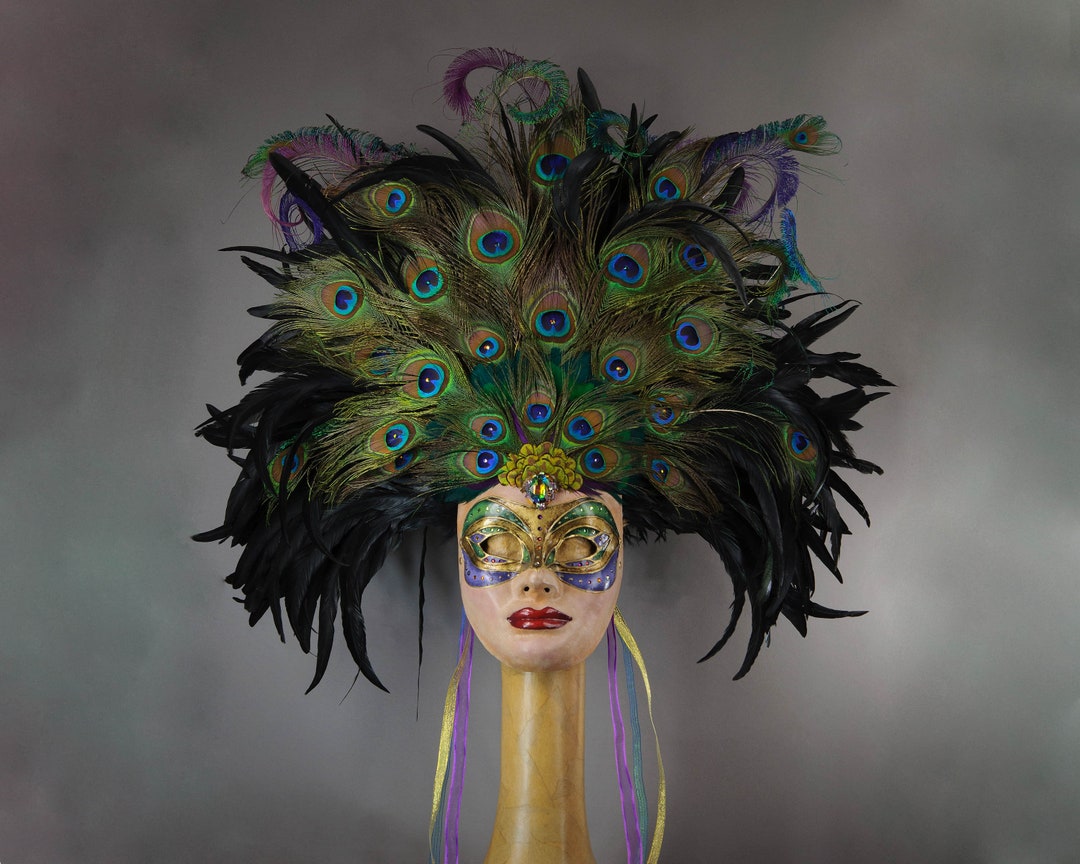 Peacock Goddess Masquerade Mask With Feather Crest. Mardi Gras ...