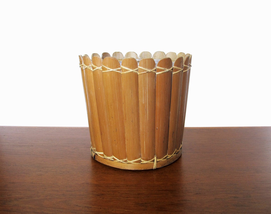 Vintage Bamboo Planter Basket With Vertical Slats and Plastic Liner - Etsy