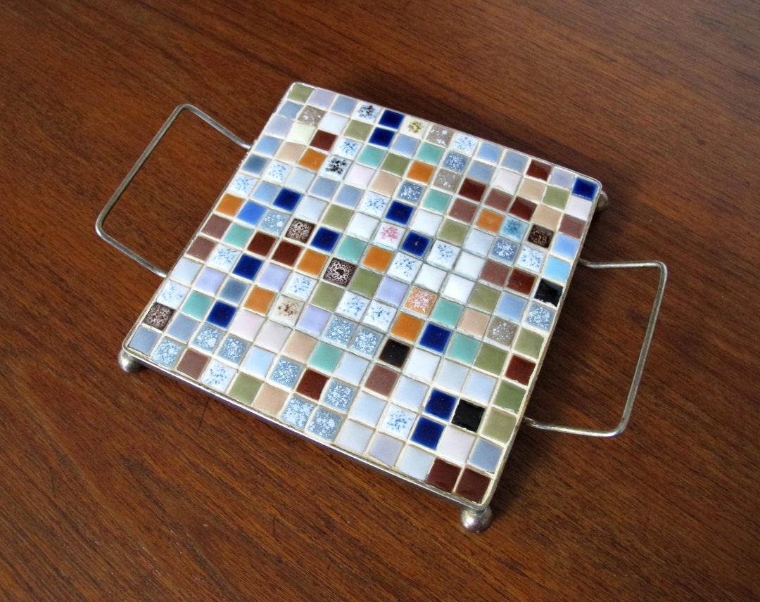 Mid Century Mosaic Tile Trivet With Handles and Feet Multicolored - Etsy