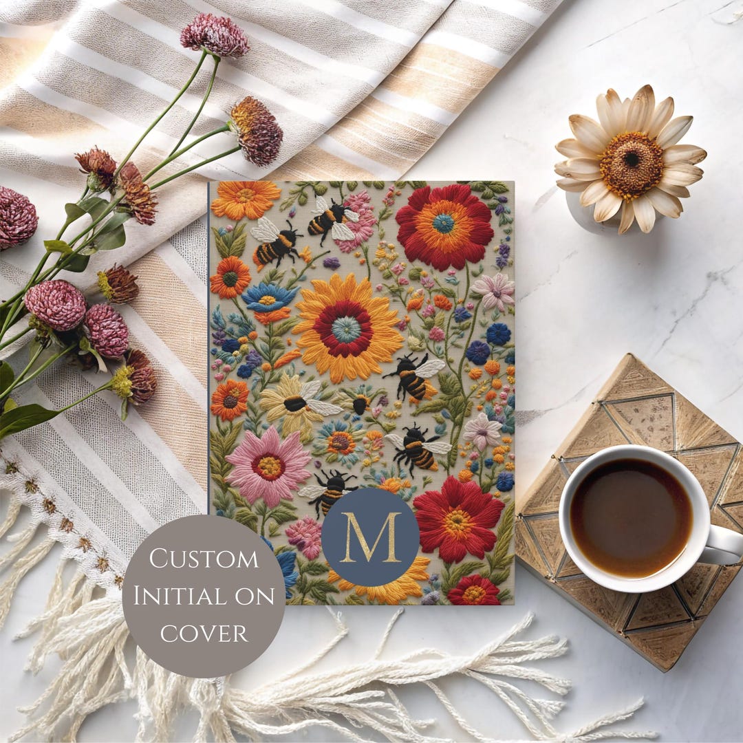 Boho Wildflower and Bees Faux Embroidered Personalized Journal ...