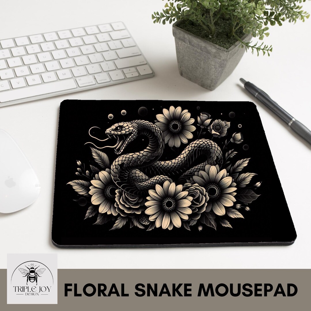 Floral Snake Mouse Pad, Gothic Snake and Botanical Flowers Desk Mat ...