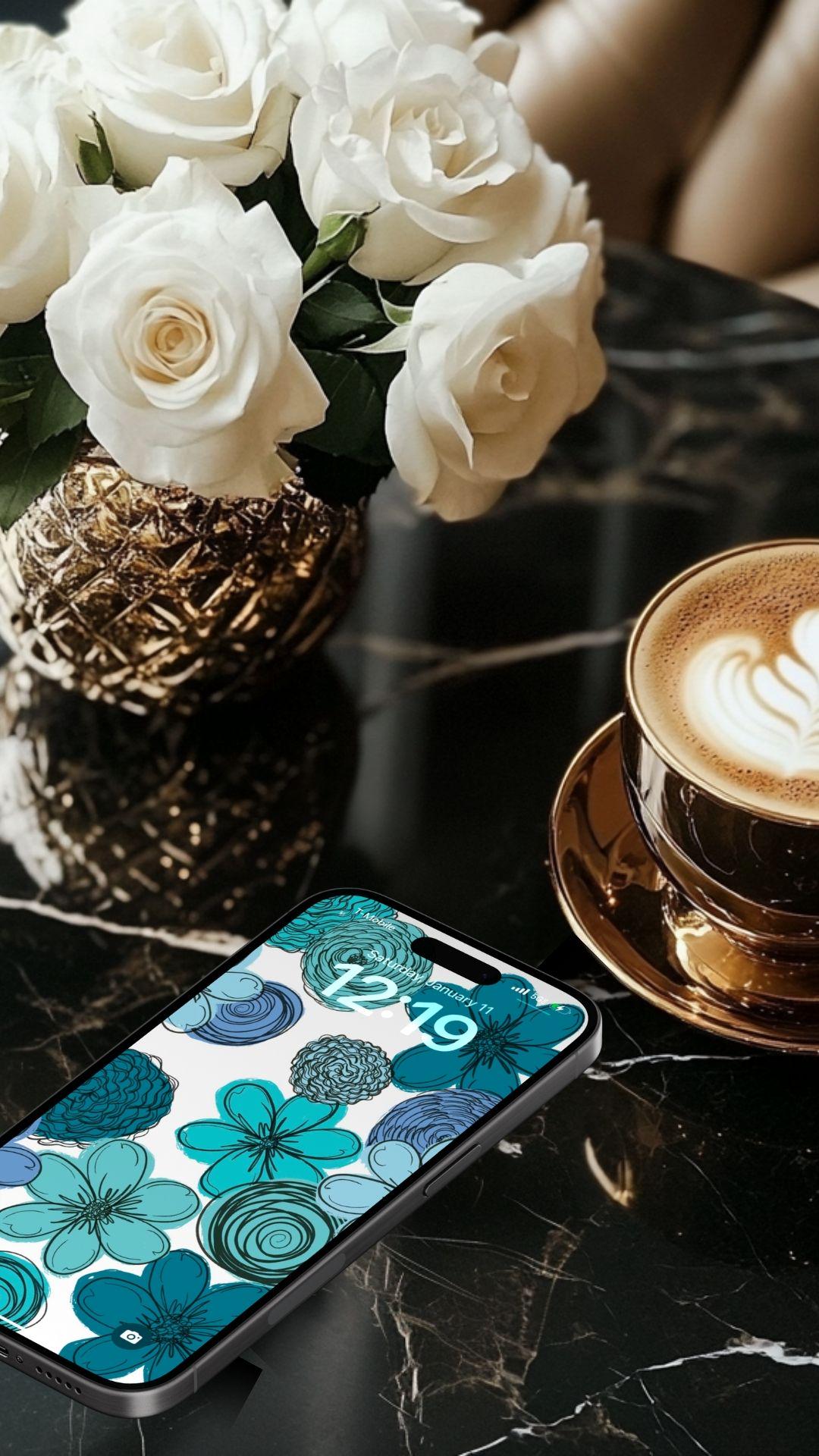 Blue Floral Phone Wallpaper: Doodle Flower Art (digital Download) - Etsy