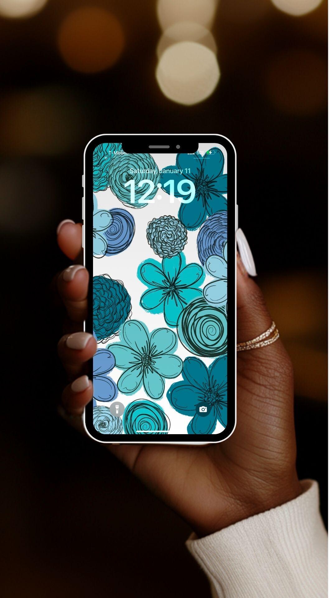 Blue Floral Phone Wallpaper: Doodle Flower Art (digital Download) - Etsy