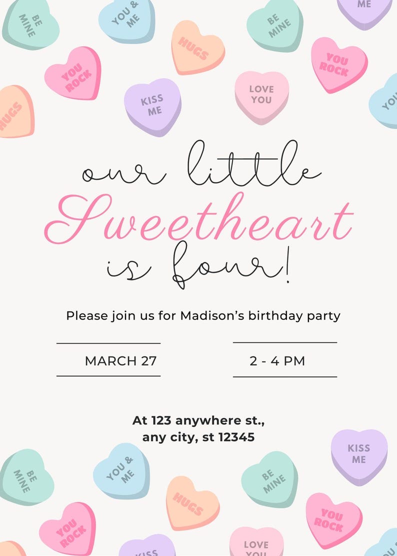 Editable Sweetheart Candy Birthday Invitation, Conversation Hearts ...