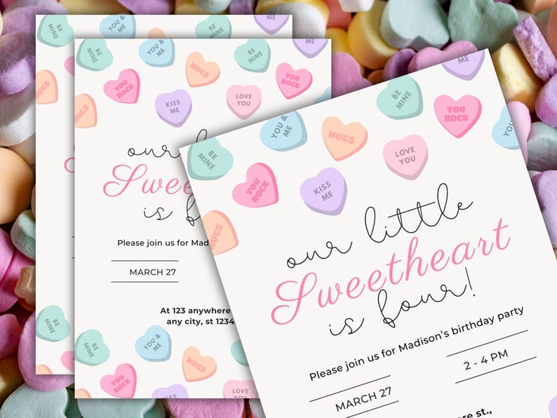 Editable Sweetheart Candy Birthday Invitation, Conversation Hearts ...