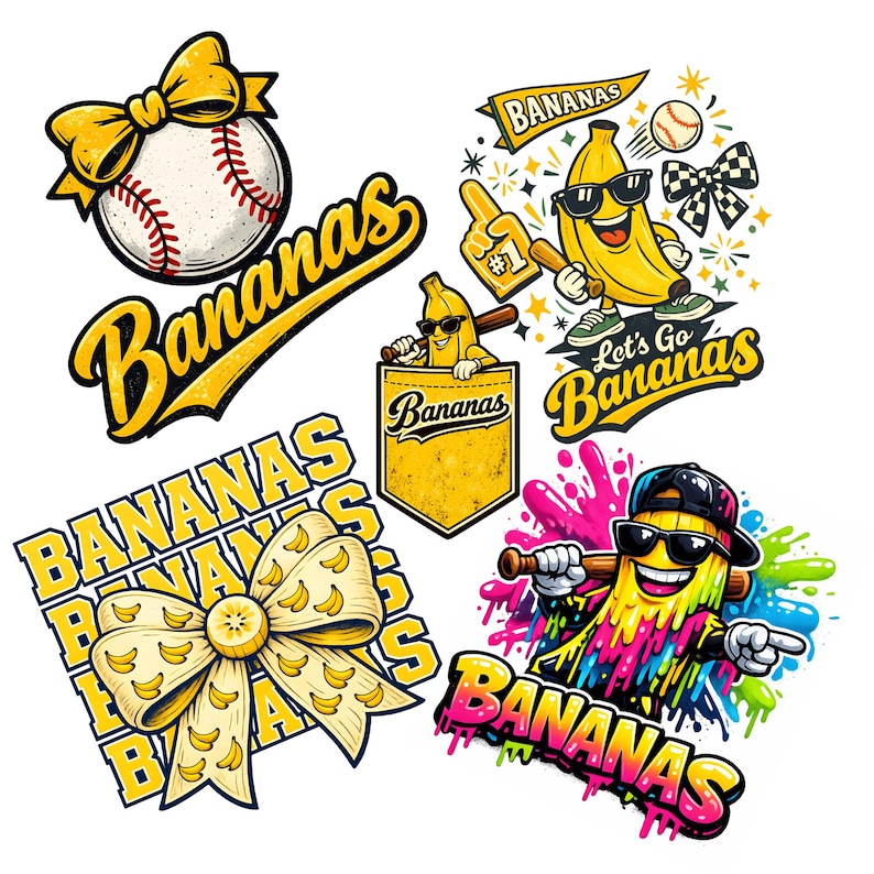 Bananas Baseball PNG Bundle 5 Pngs, Lets Go Bananas PNG, Retro Yellow ...