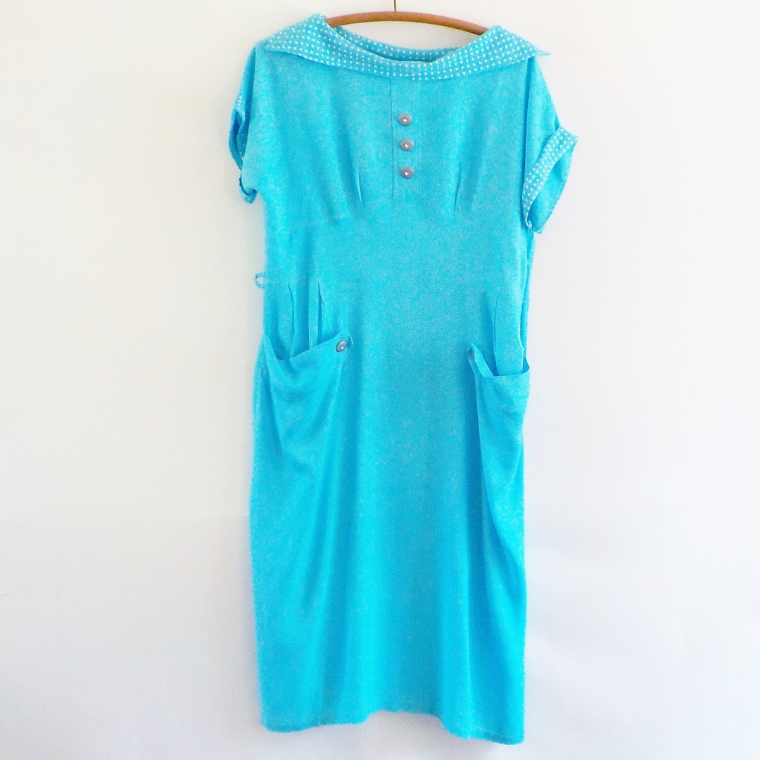 Vintage Blue Day Dress Large Polka Dot Trim - Etsy