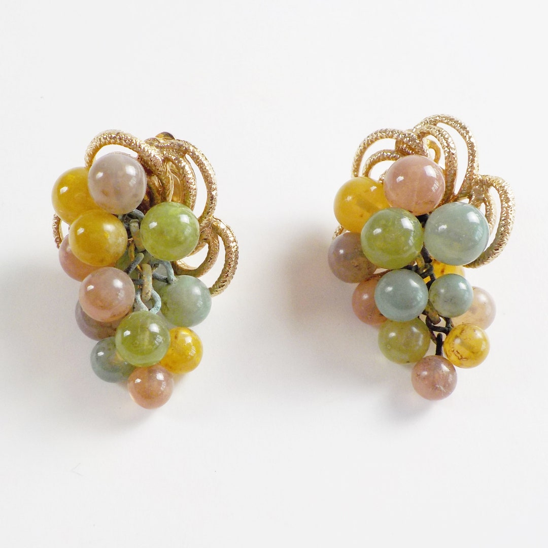 Vintage Grape Cluster Clip on Earrings Colorful Glass Pastel and Gold ...