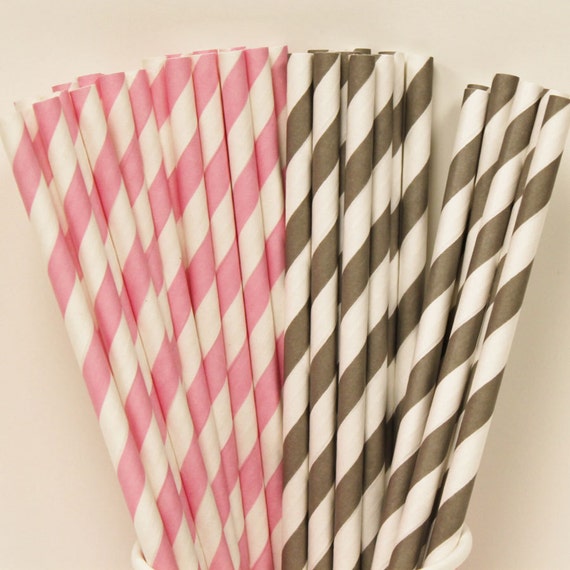 Items Similar To Paper Straws 25 Pink And Grey Striped Paper Straw