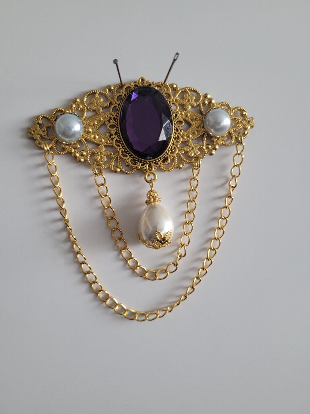 Gold Finish Pearl Tudor Brooch, Renaissance Medieval Jewelry Pin ...