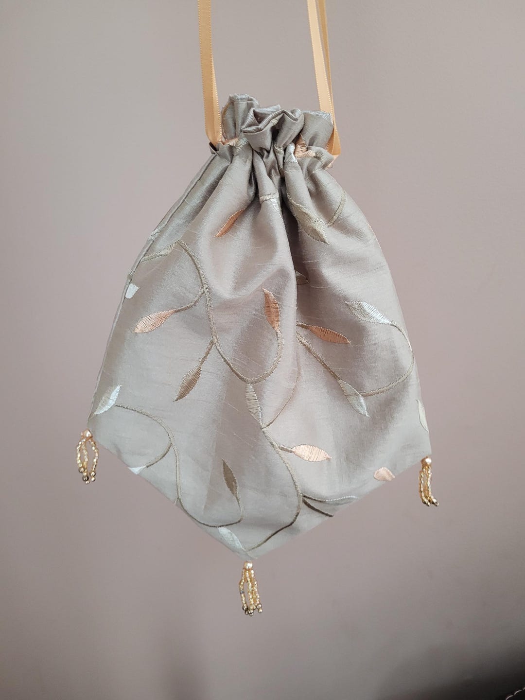 Beige Embroidered Regency Reticule Purse Bag, Beaded, Drawstring Jane ...