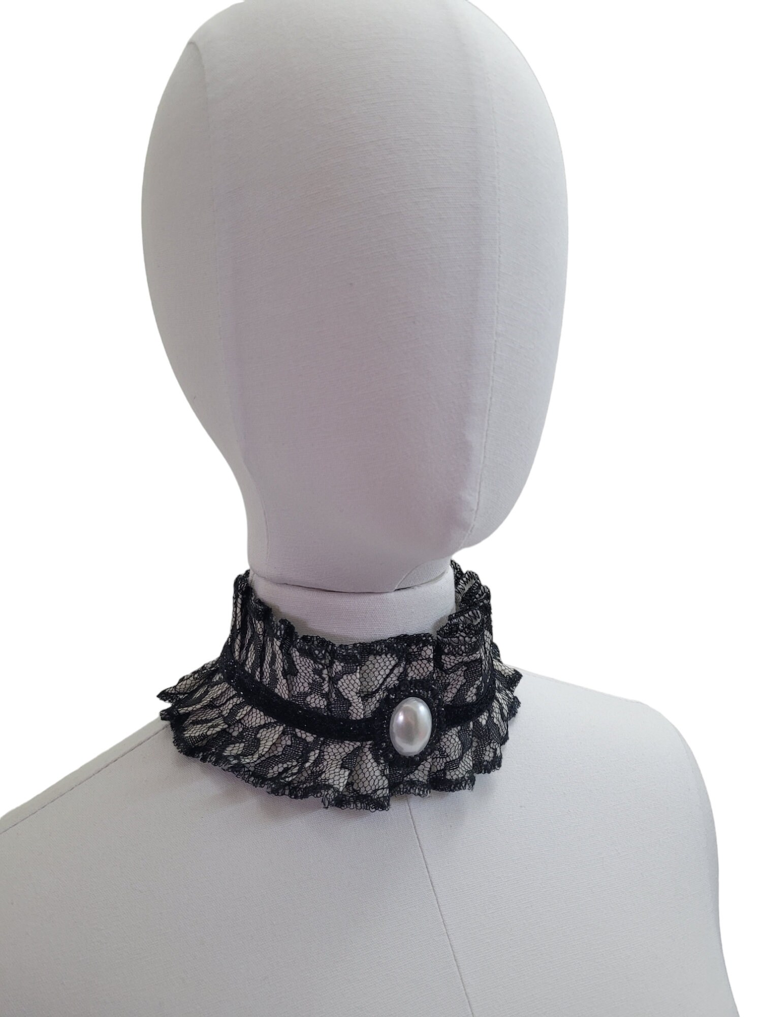 White and Black Lace Pearl Cameo, Victorian Neck Ruff Choker, Ruffled ...