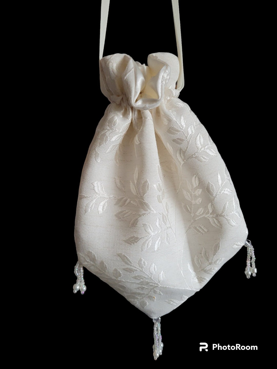 Ivory Leaf Brocade Regency Reticule Purse Bag, Beaded, Drawstring ...