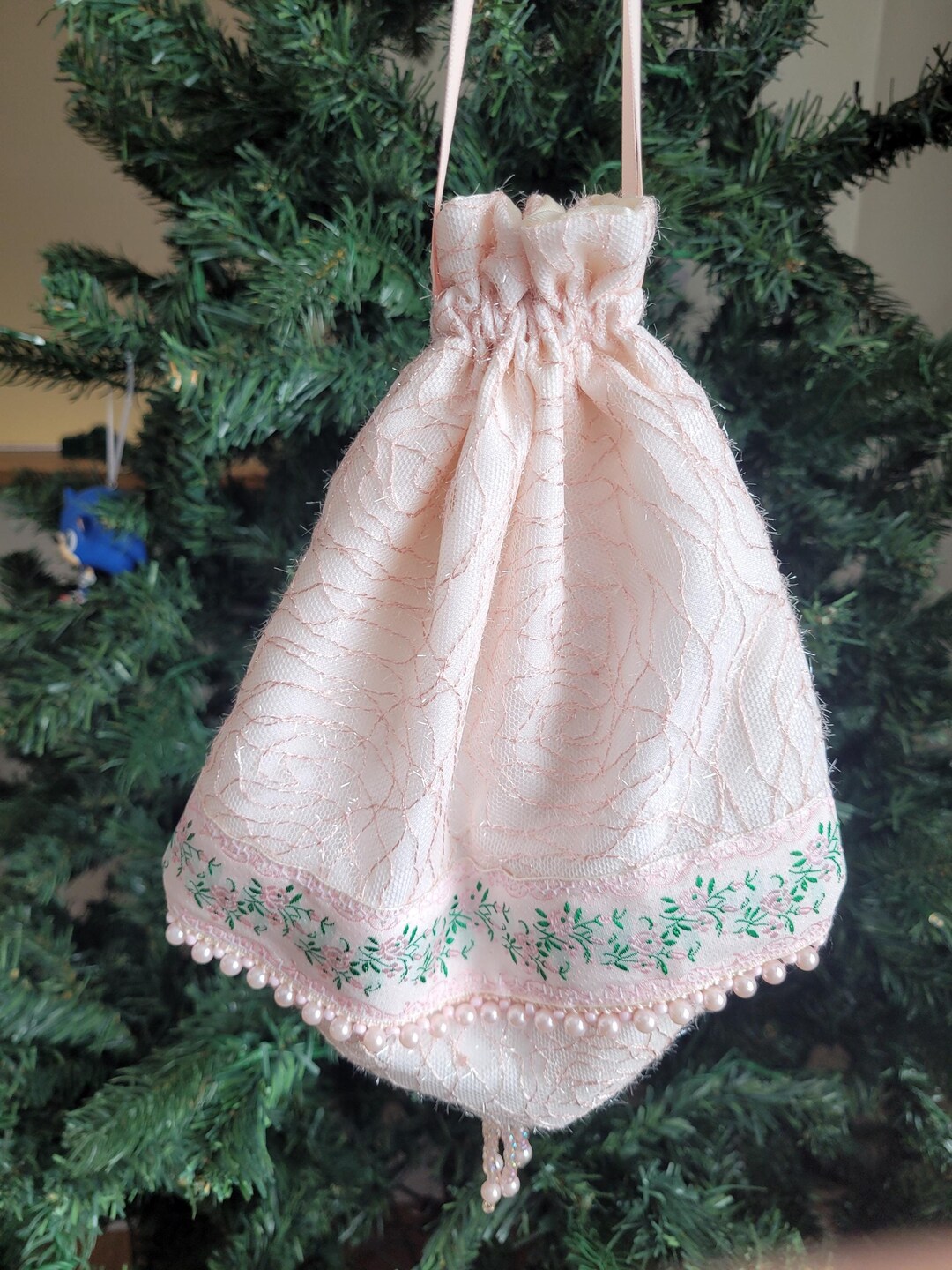 Pink Embroidered Regency Reticule Purse Bag, Beaded, Drawstring Jane ...