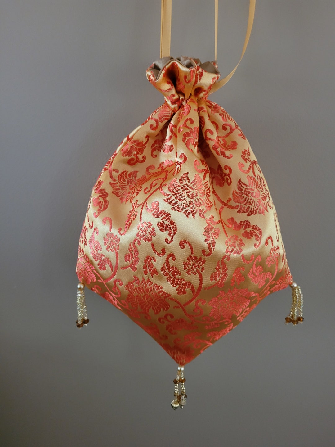 Sunset Brocade Regency Reticule Purse Bag, Beaded, Drawstring ...