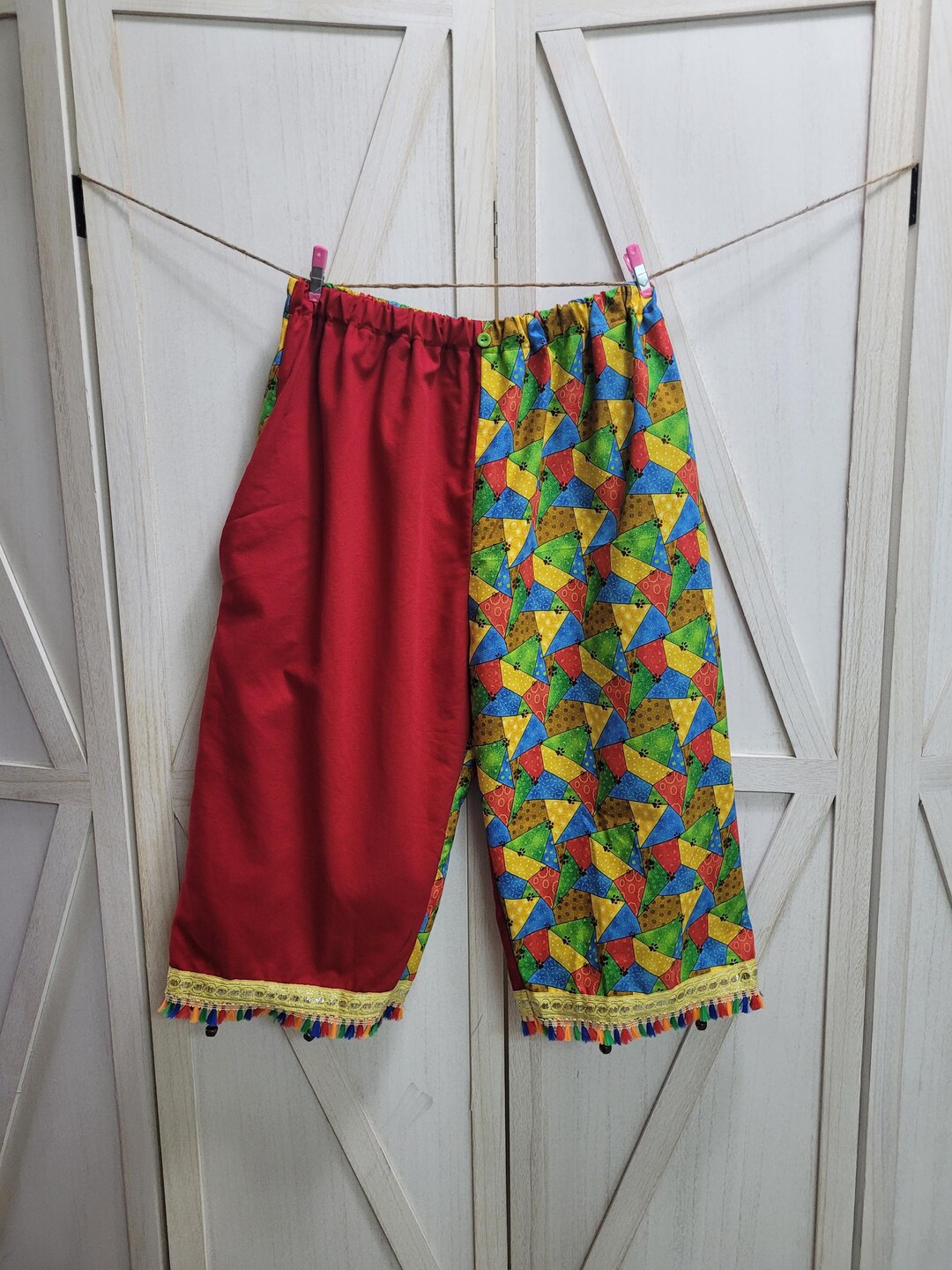 Size M Jester Pants, Red Multi Color Cotton, Renaissance Faire Costume ...