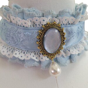 Baby Blue Eyelet and Lace Cameo With Pearl, Victorian Neck Ruff Choker ...