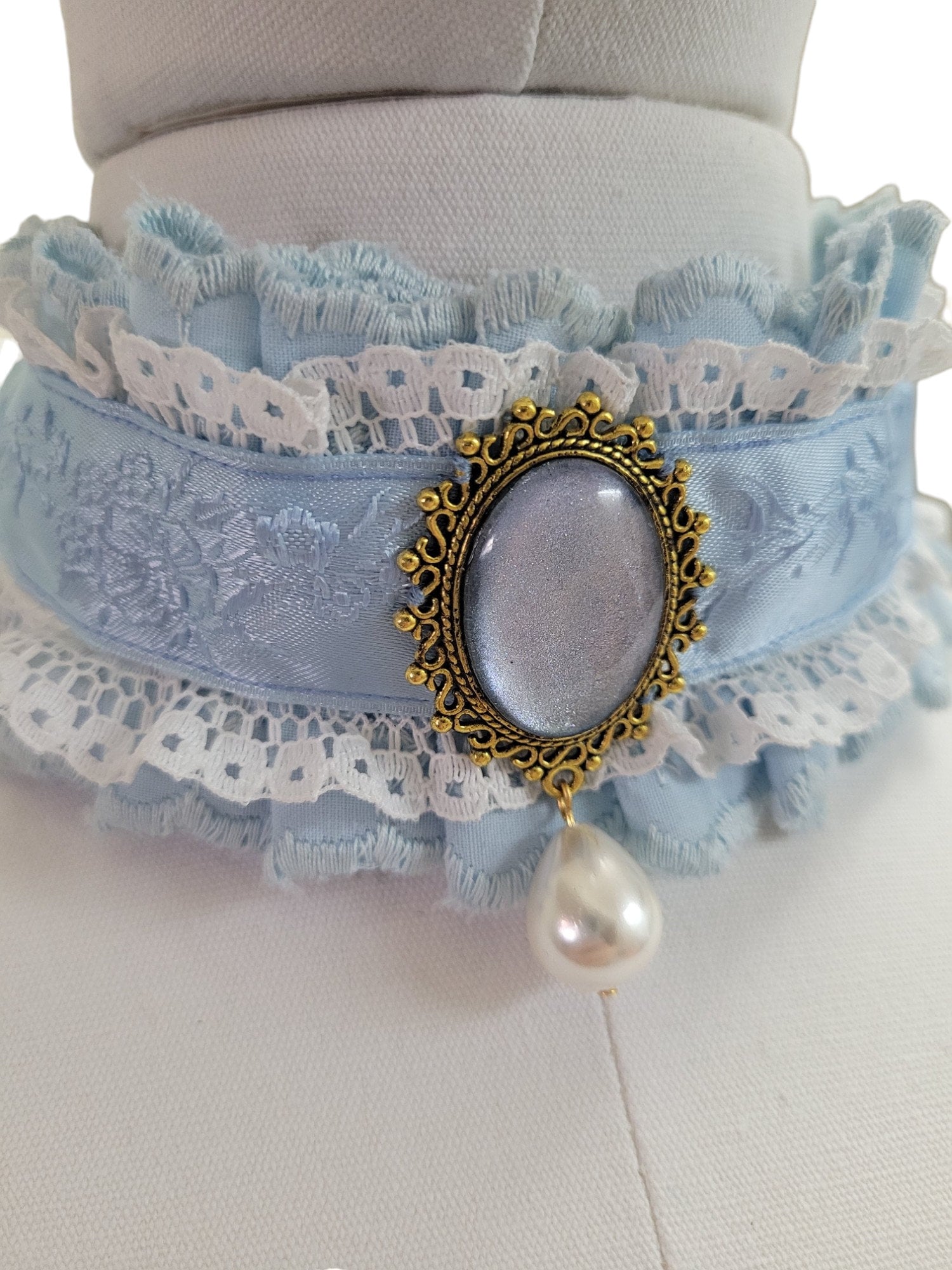 Baby Blue Eyelet and Lace Cameo With Pearl, Victorian Neck Ruff Choker ...