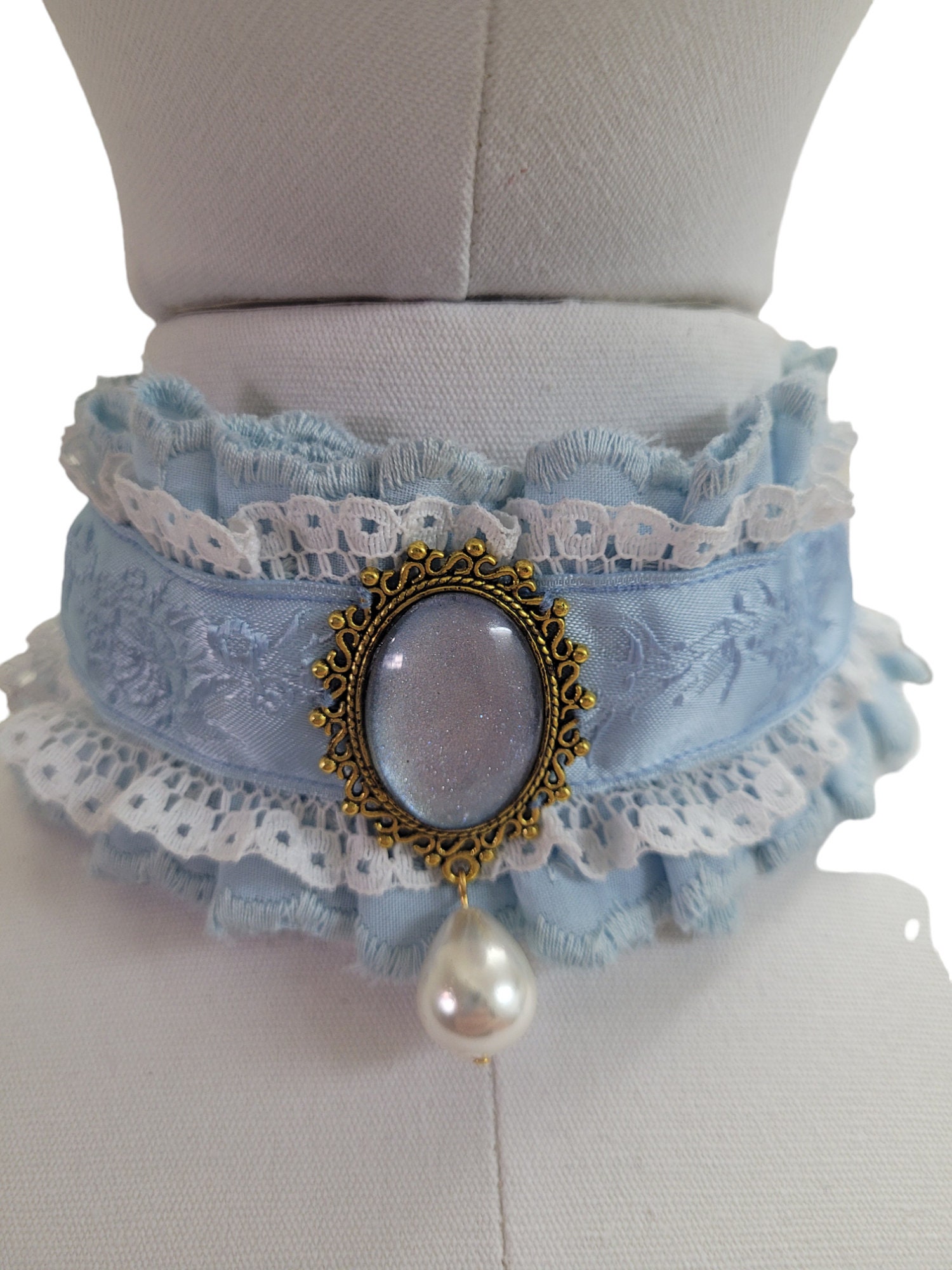 Baby Blue Eyelet and Lace Cameo With Pearl, Victorian Neck Ruff Choker ...