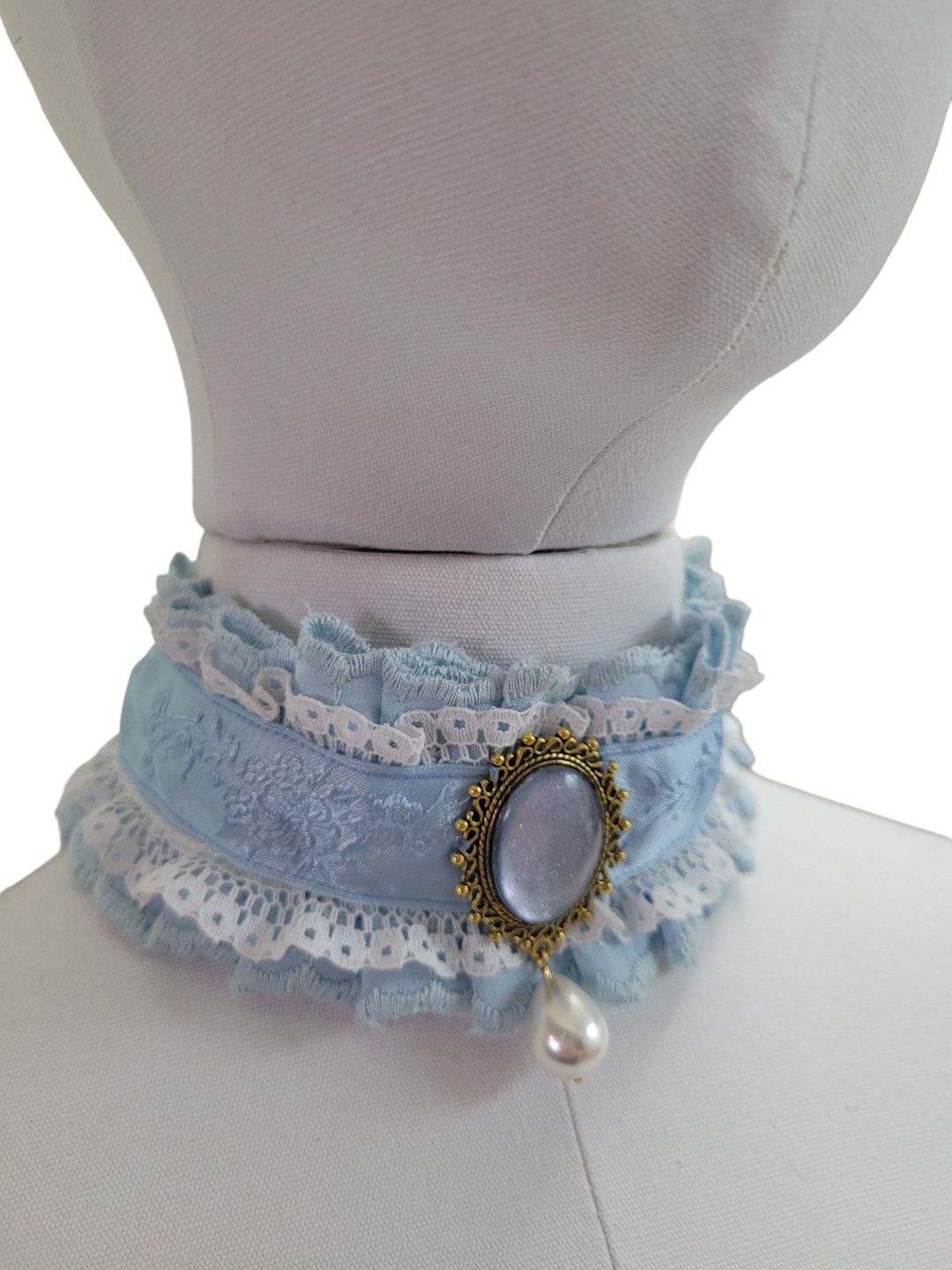Baby Blue Eyelet and Lace Cameo With Pearl, Victorian Neck Ruff Choker ...
