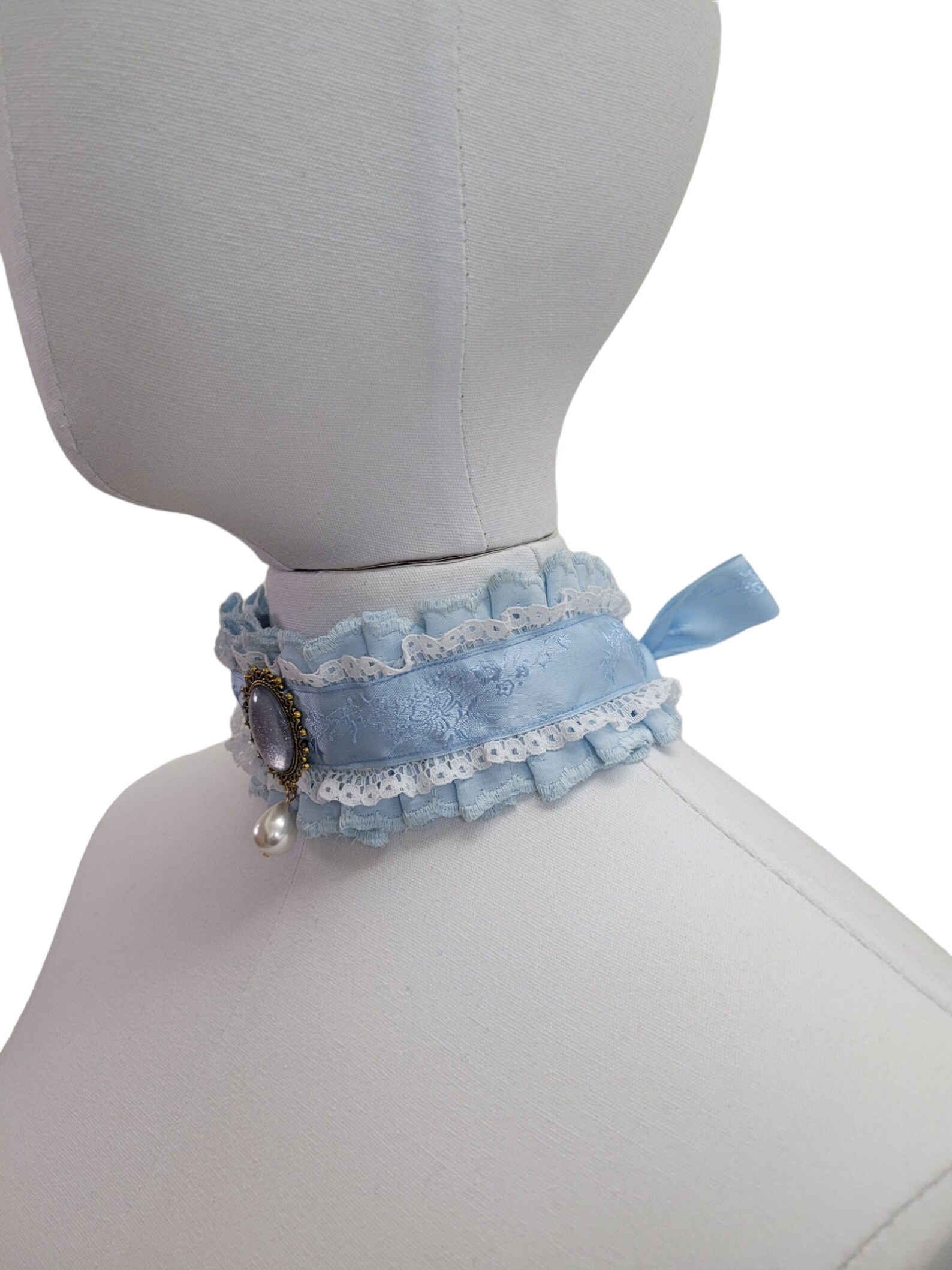 Baby Blue Eyelet and Lace Cameo With Pearl, Victorian Neck Ruff Choker ...