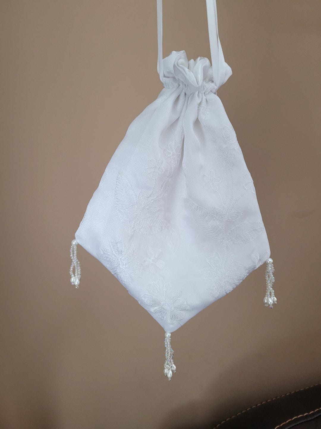 White Embroidered Regency Reticule Purse Bag, Beaded, Drawstring Jane ...