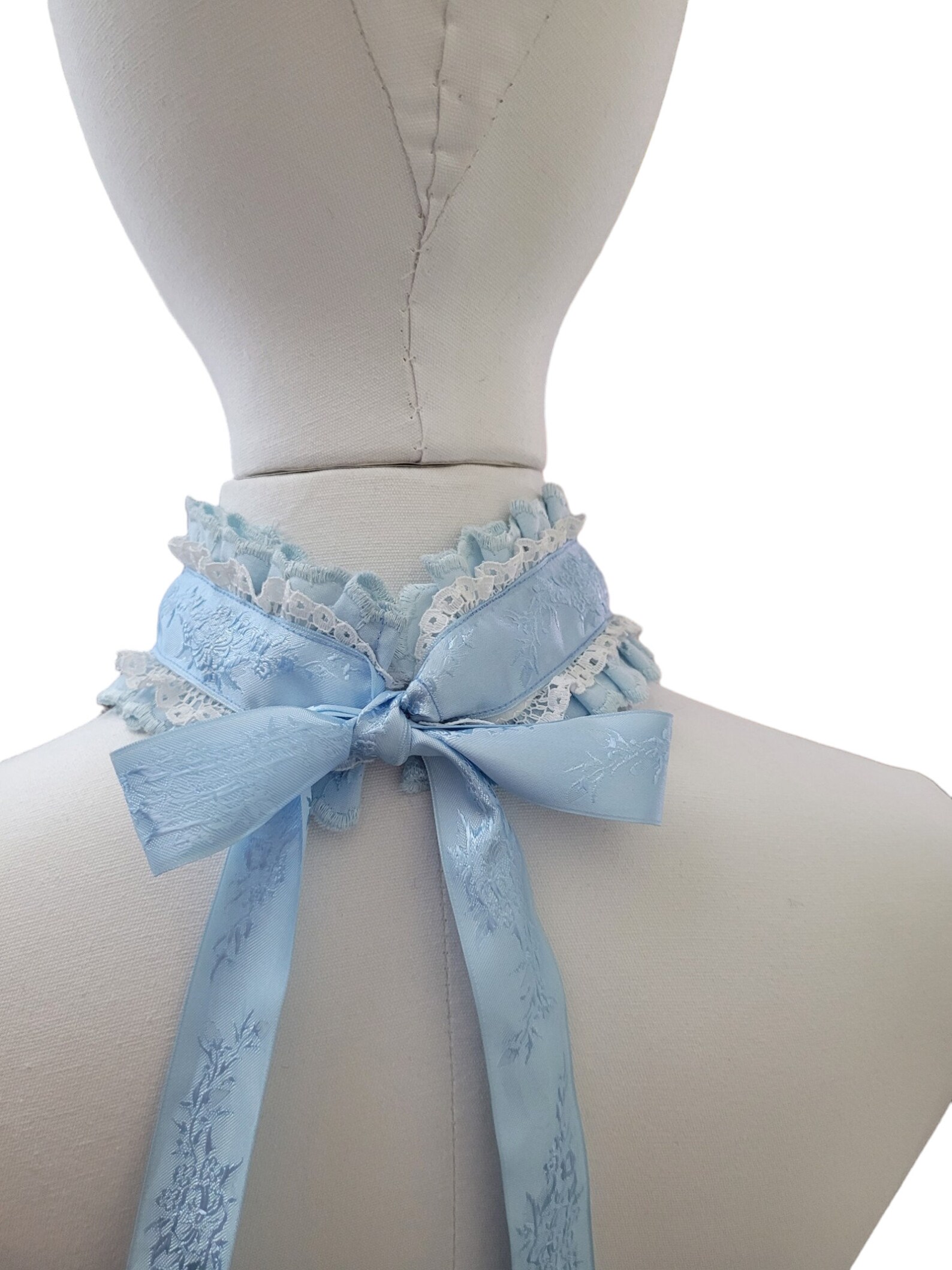 Baby Blue Eyelet and Lace Cameo With Pearl, Victorian Neck Ruff Choker ...