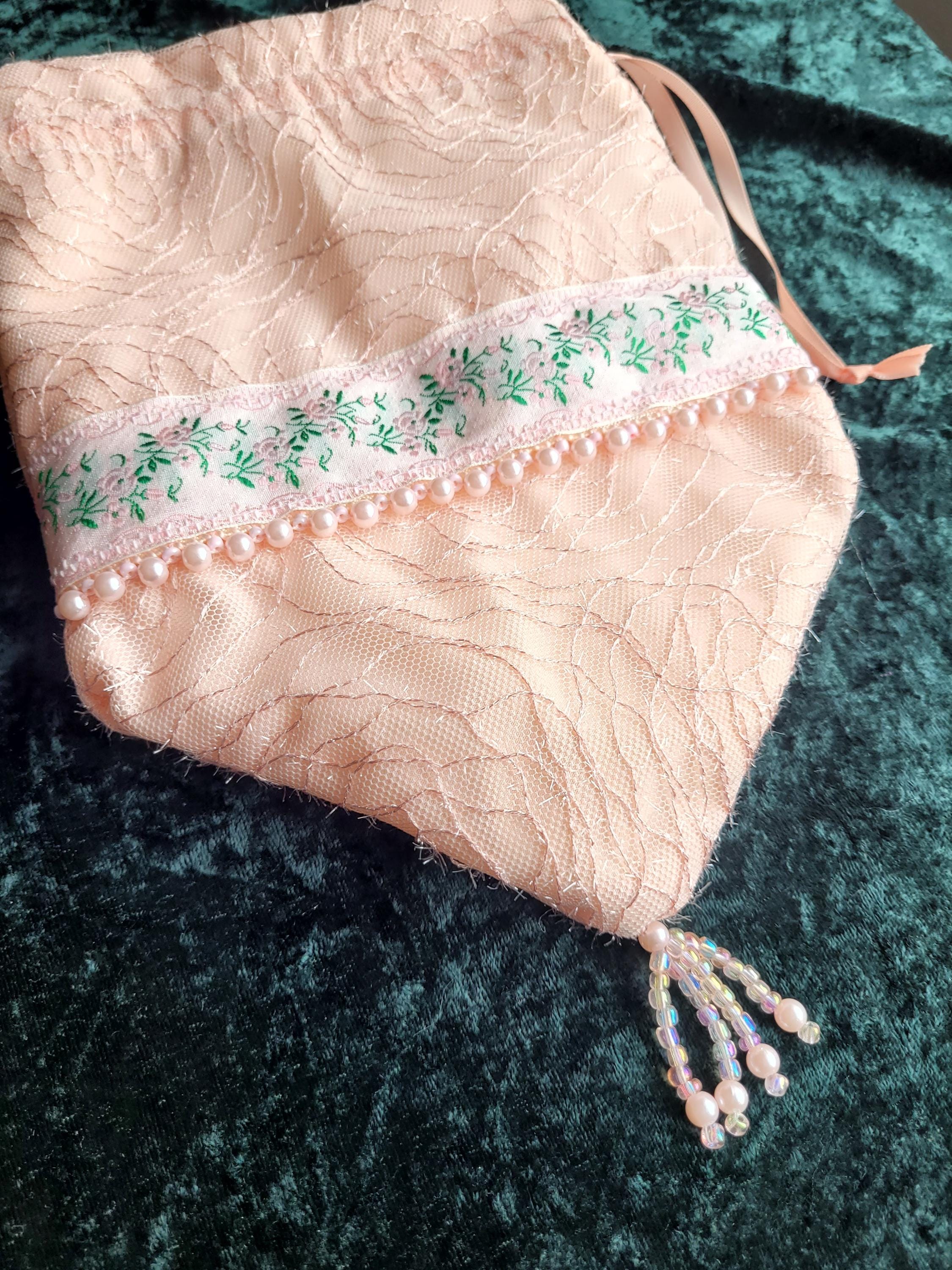 Pink Embroidered Regency Reticule Purse Bag, Beaded, Drawstring Jane ...
