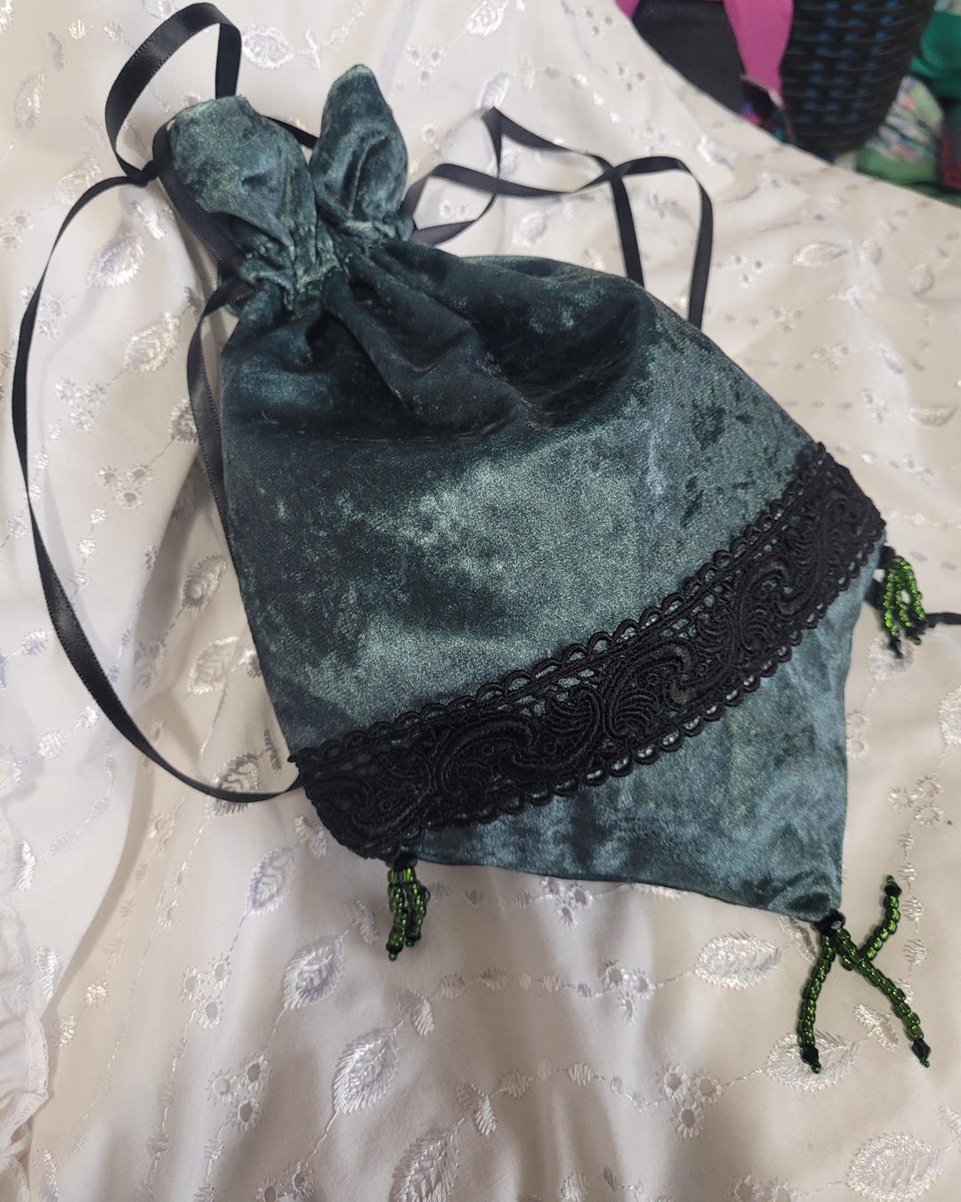 Emerald Green Velvet Regency Reticule Purse Bag, Beaded, Drawstring ...
