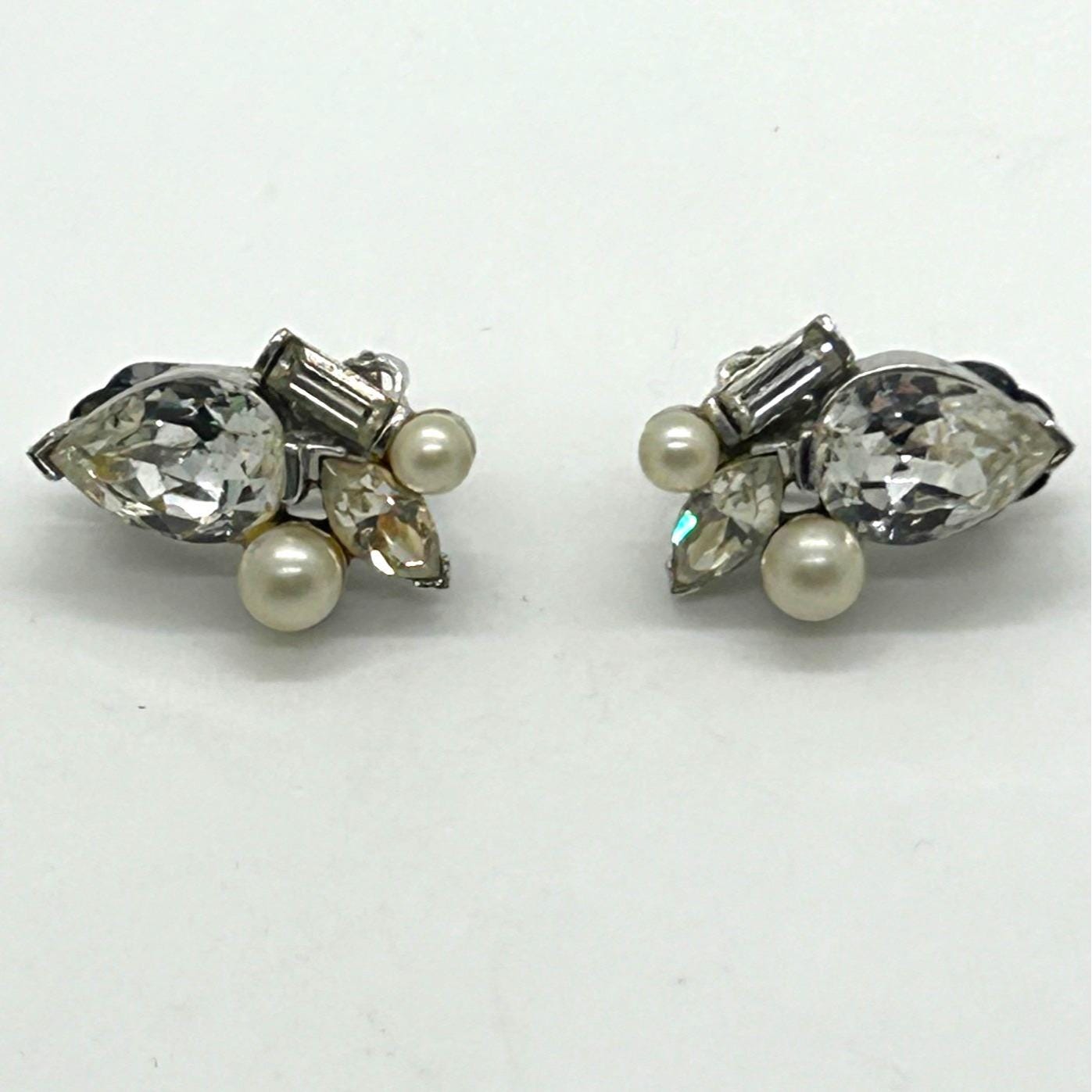 Marvella Vintage 1950s Pearl & Rhinestone Silver-tone Clip-on Bridal ...