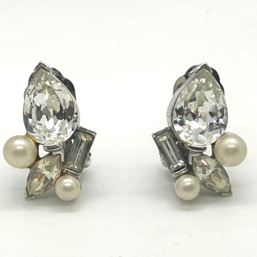 Marvella Vintage 1950s Pearl & Rhinestone Silver-tone Clip-on Bridal ...