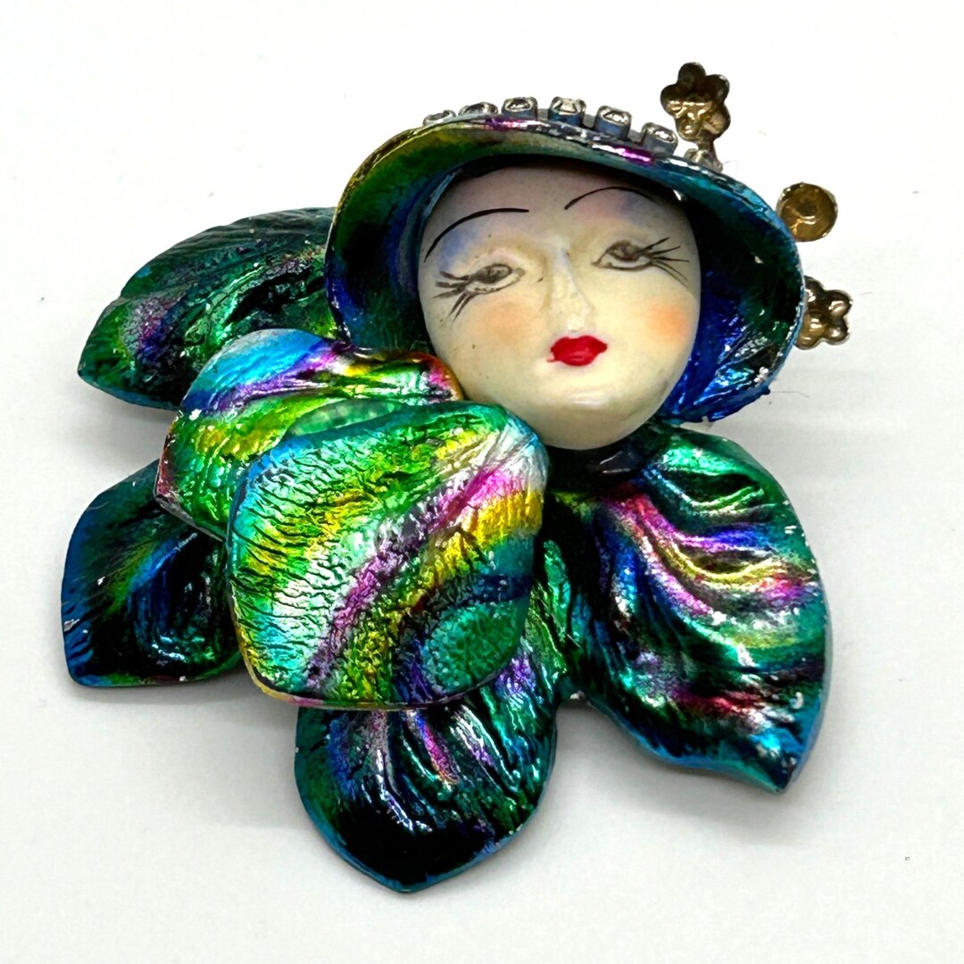 Vintage Art Deco Flapper Lady Brooch Pin Face Iridescent Rainbow 1980s ...