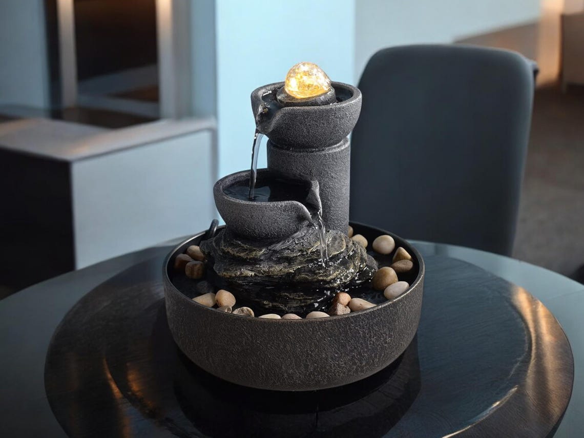 Elegant 2-tier Tabletop Water Fountain With LED Light & Glass Rolling ...