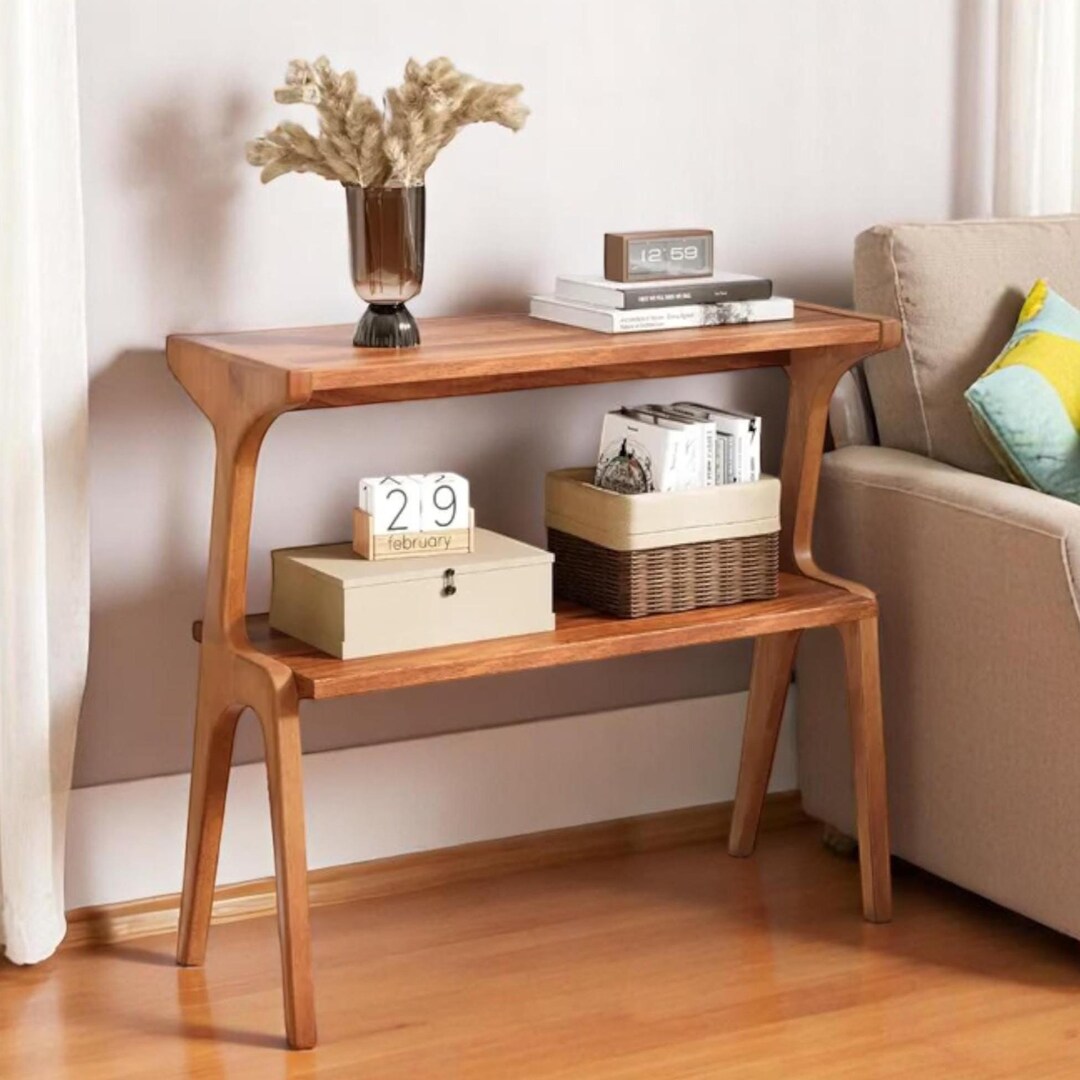 Slim 2-tier Sofa Side Table – Long Wood End Table With Shelf for Living ...