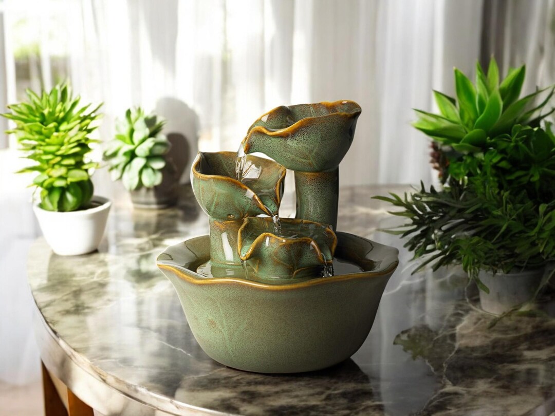 Organic Water Lily Unique Indoor Tabletop Fountain – Cascading Ceramic ...