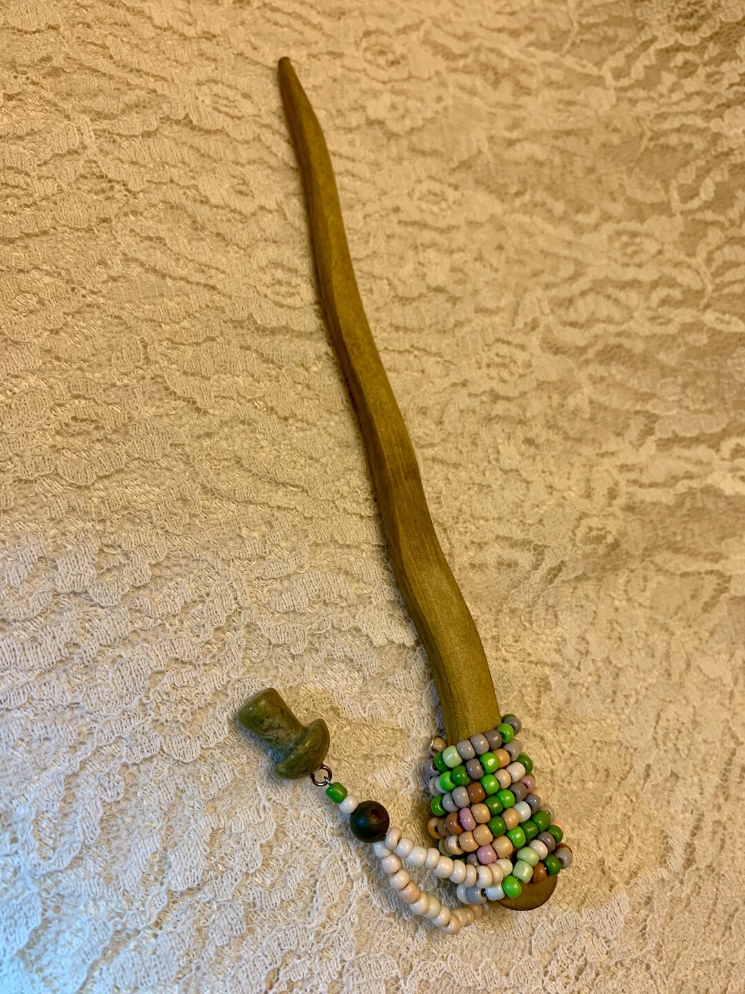 Wooden Handcrafted Beaded Chopstick Hair Pin With Green Stone Mushroom ...