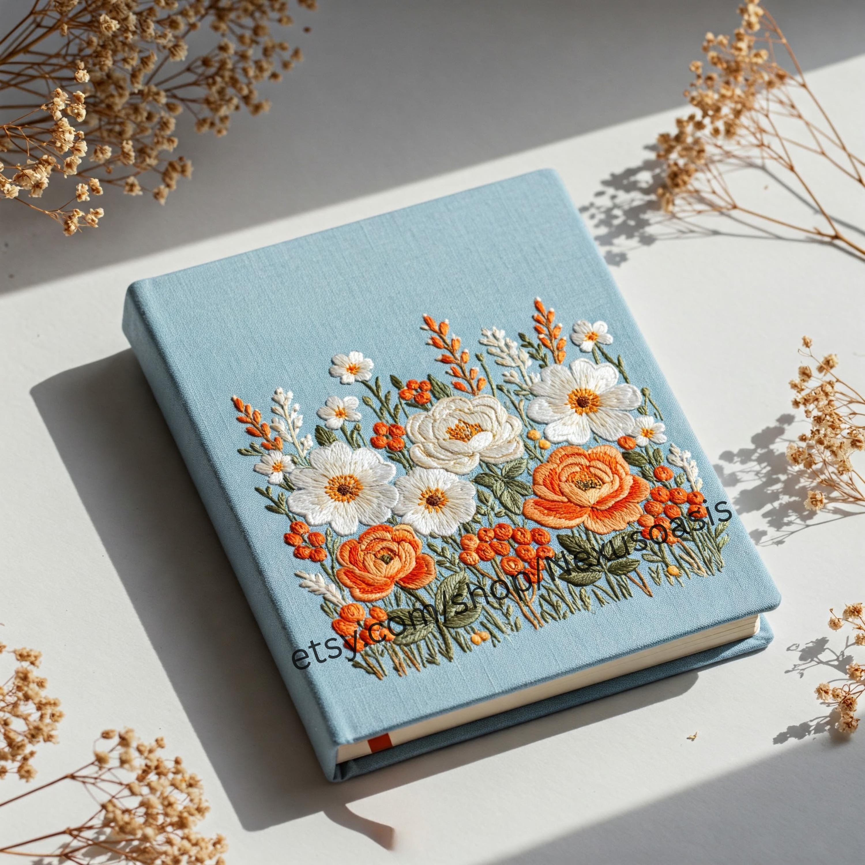 Handmade Embroidered Notebook Cover With Orange Flowers Design, Fabric ...