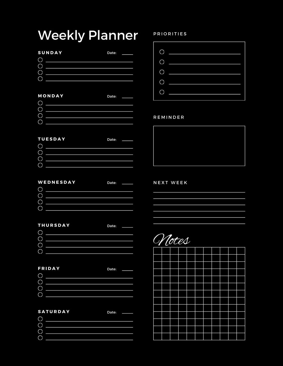 Weekly Digital Planner PDF - Dark Mode - Sunday Start - Compatible With ...