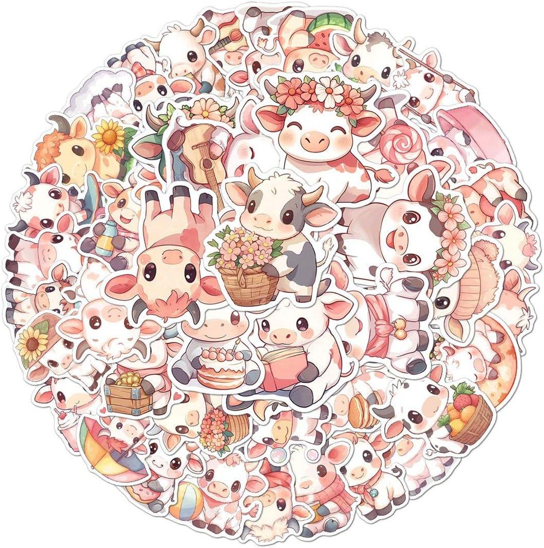 Pack 50 Pcs Cute Pinky Dairy Cow Stickers, Ice Cream Cow Sticker Set ...