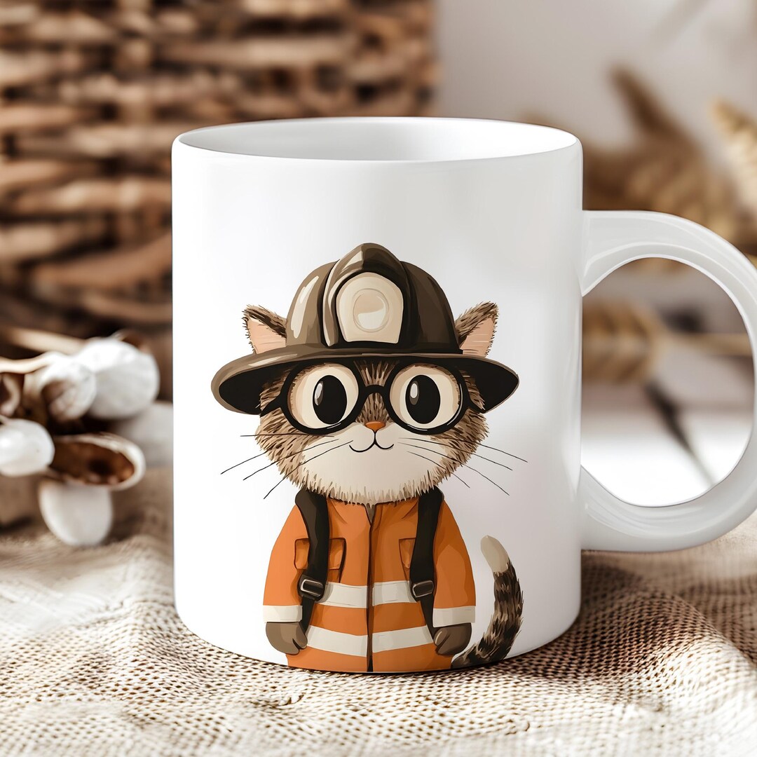 Cat Firefighter Chief Ceramic Mug, Cute Cat Fire Man, Fathers Day ...