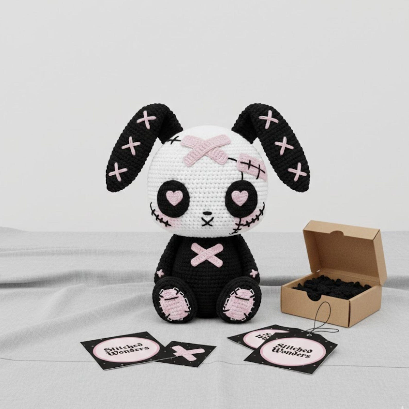 Crochet Gothic Bunny Plush Amigurumi Doll Cute Pink Black Rabbit Toy ...