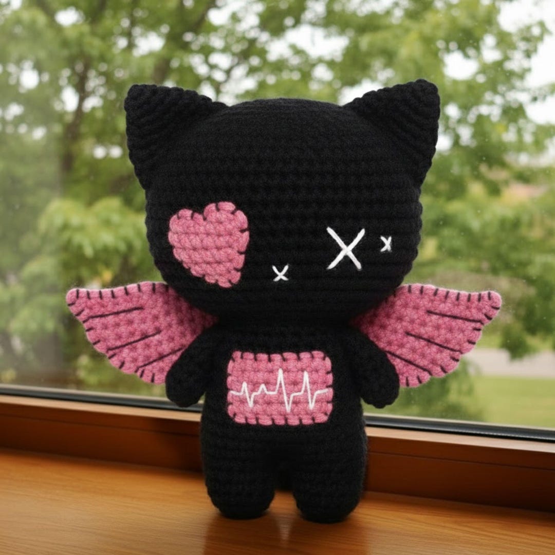 Black Crochet Winged Cat Plush Gothic Amigurumi Doll With Pink Heart ...