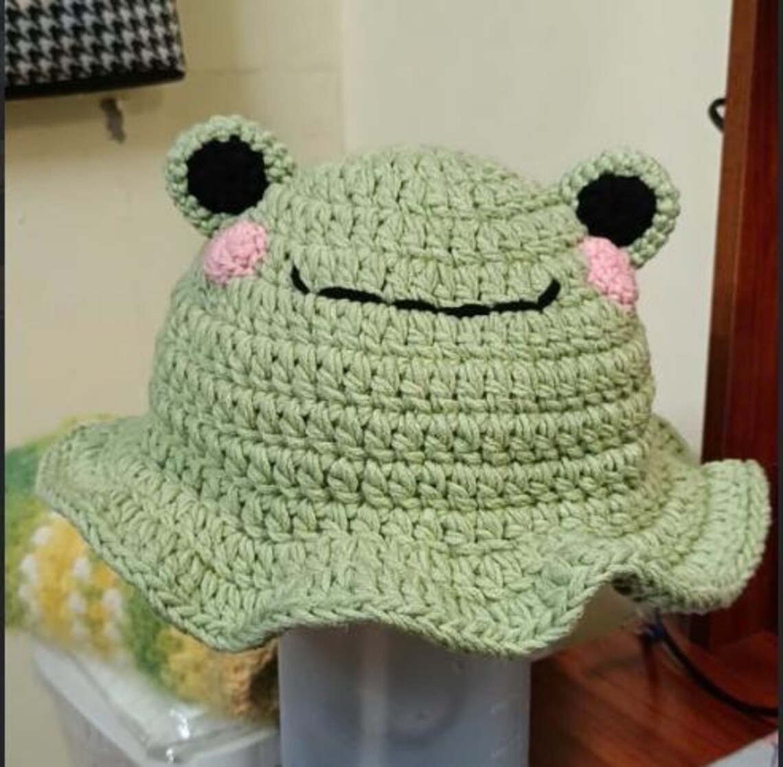 Frog Crochet Hat Handmade Green Bucket Hat With Cute Eyes & Pink Cheeks ...
