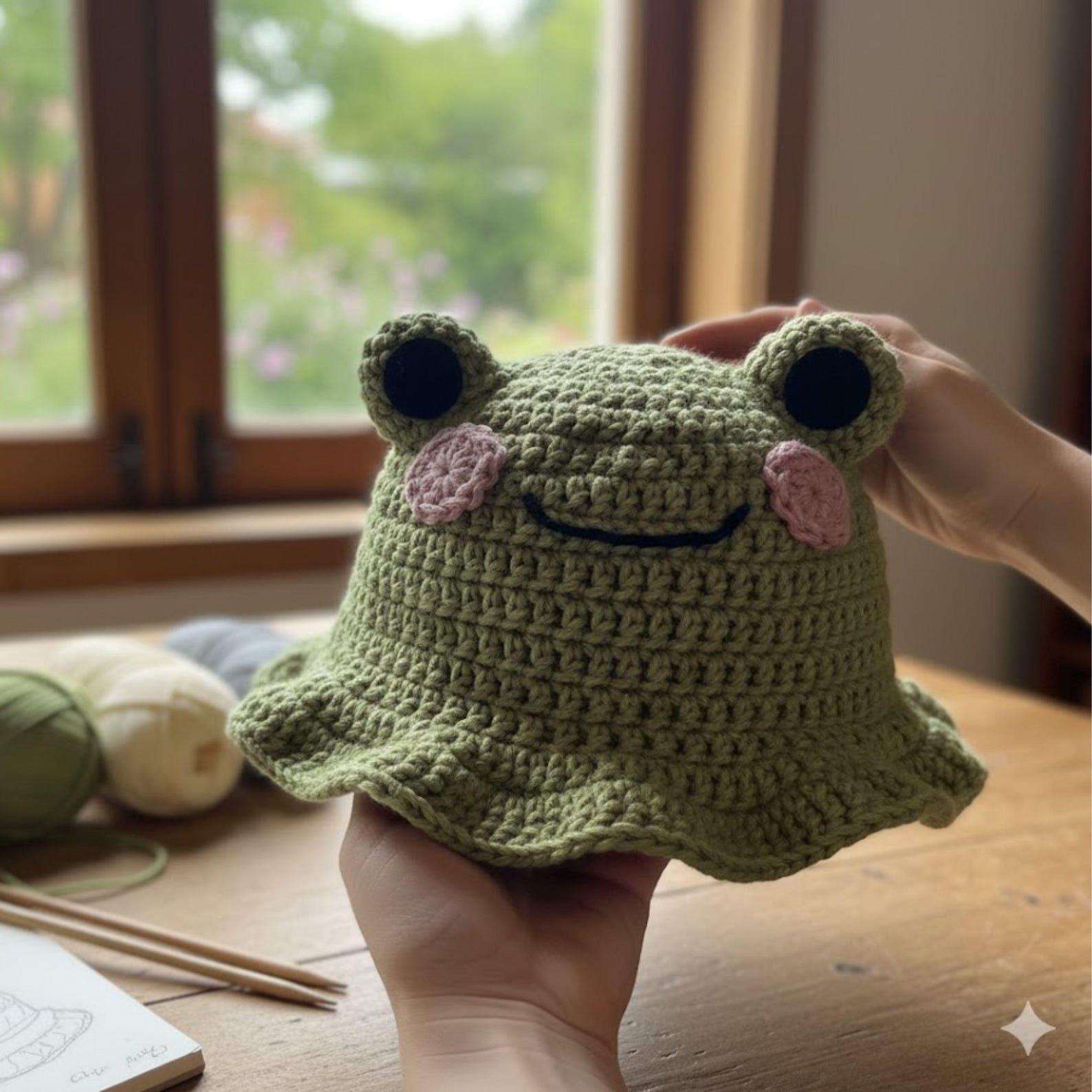 Frog Crochet Hat Handmade Green Bucket Hat With Cute Eyes & Pink Cheeks ...