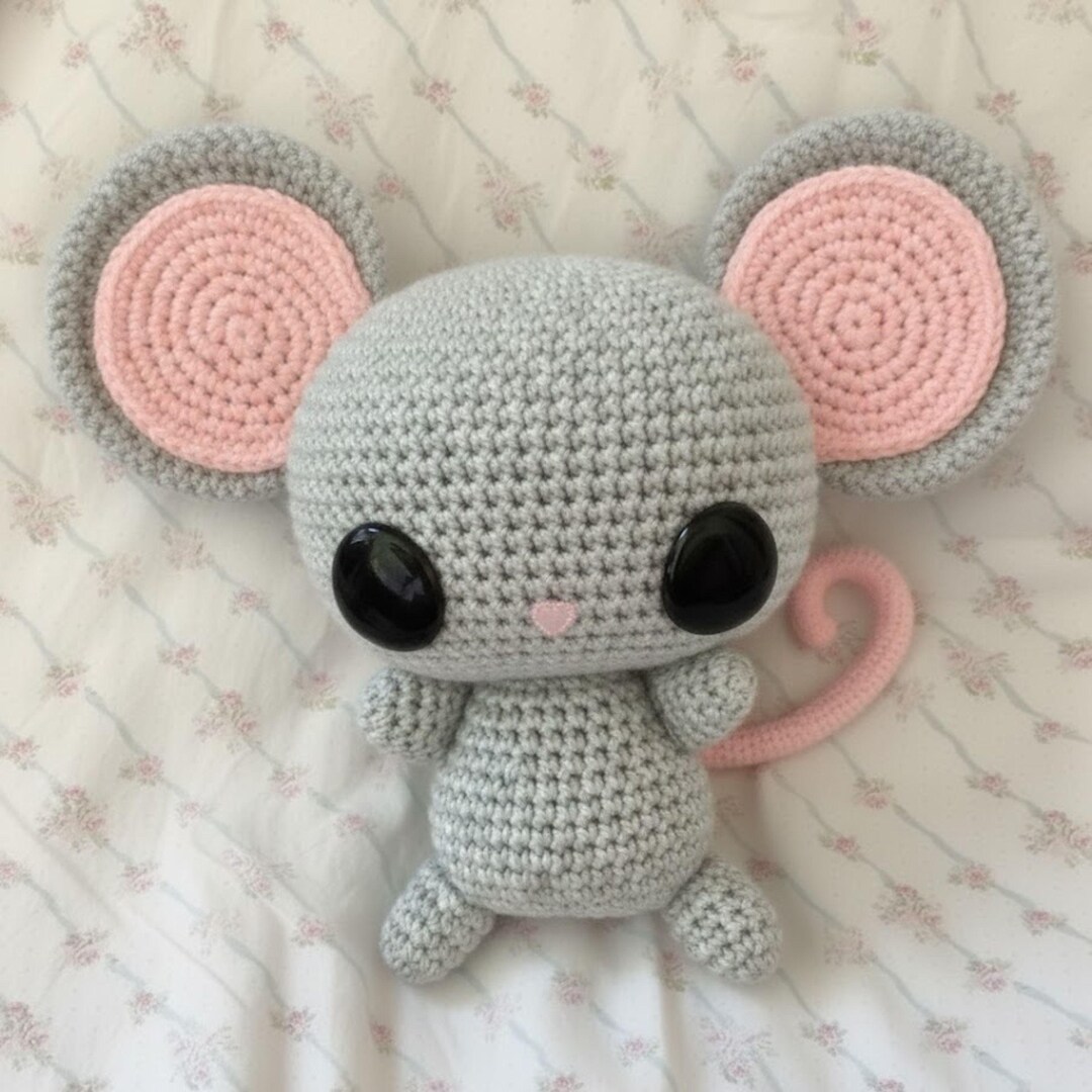 Cute Crochet Mouse Plush Amigurumi Doll Handmade Soft Gray Pink Toy ...
