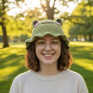 Frog Crochet Hat Handmade Green Bucket Hat With Cute Eyes & Pink Cheeks ...