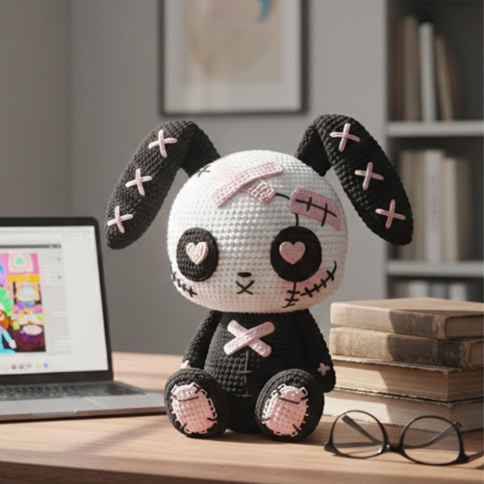 Crochet Gothic Bunny Plush Amigurumi Doll Cute Pink Black Rabbit Toy ...
