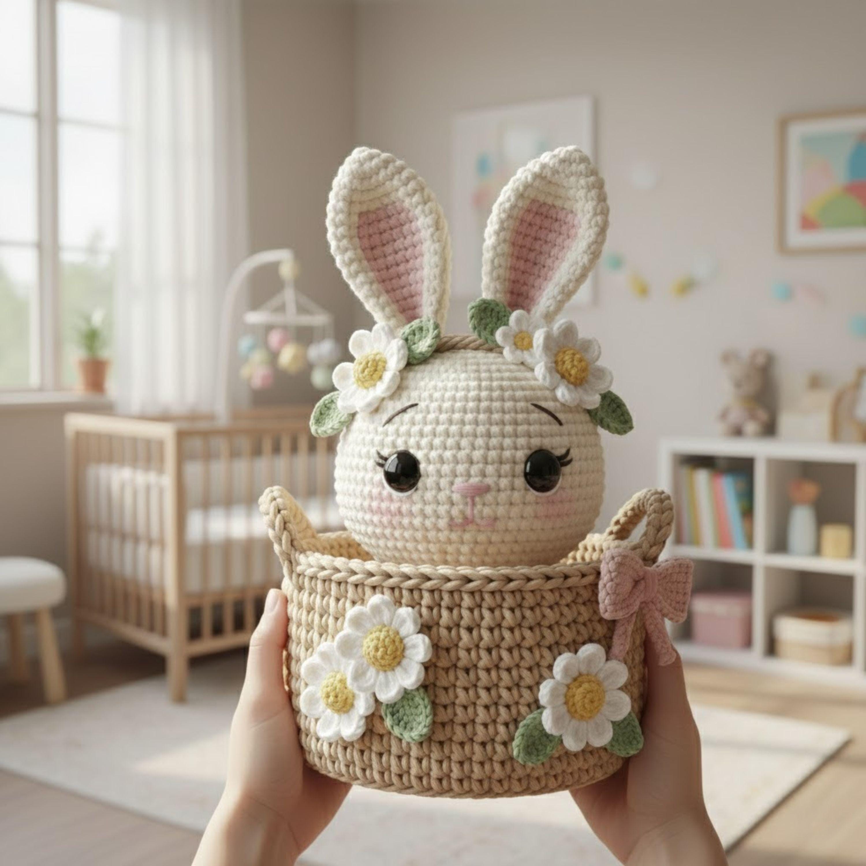 Crochet Bunny Basket With Daisy Flowers Handmade Amigurumi Rabbit ...