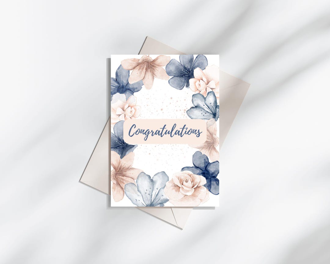Congratulations Blue and Cream Watercolor Flowers | Digital Printing ...