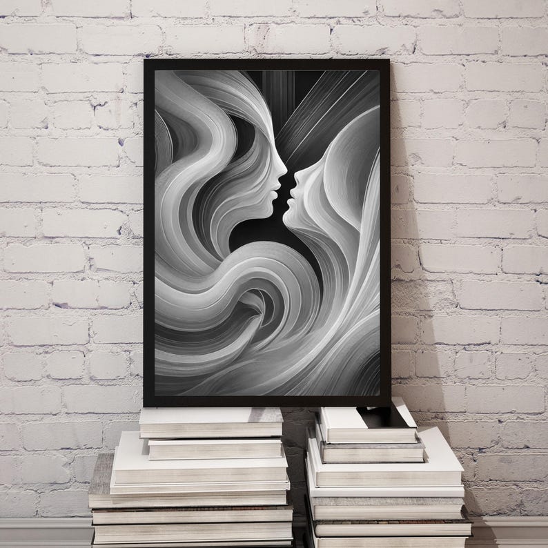 Abstract Kissing Lips Art Print: Modern Black & White Decor (digital ...